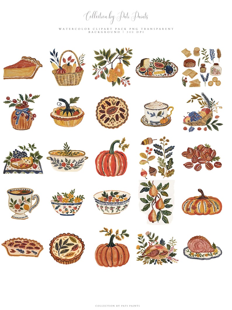 Watercolor Thanksgiving Food Clipart Set, Stuffed and Happy PNG ...