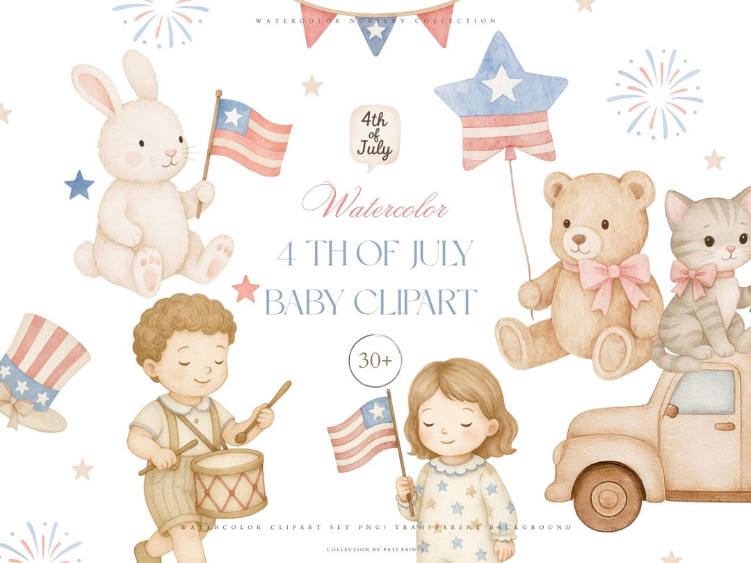 4th of July Clipart Set - USA Patriotic Watercolor Animals & Fireworks ...