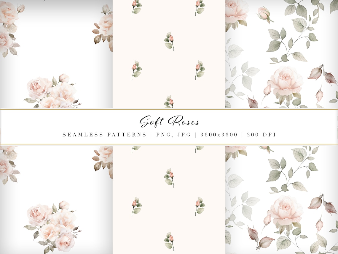 Watercolor Soft Roses Digital Paper Set Floral Seamless Pattern Wedding ...