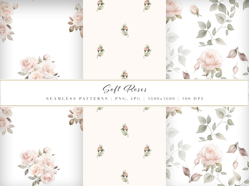 Watercolor Soft Roses Digital Paper Set Floral Seamless Pattern Wedding ...