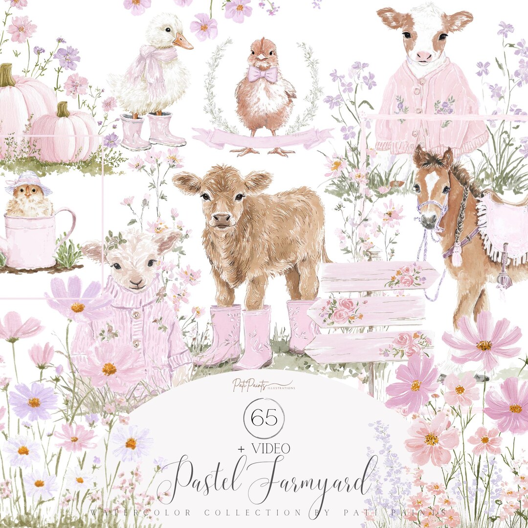 Watercolor Pastel Farmyard Animals Clipart Set 65 PNG Elements With ...