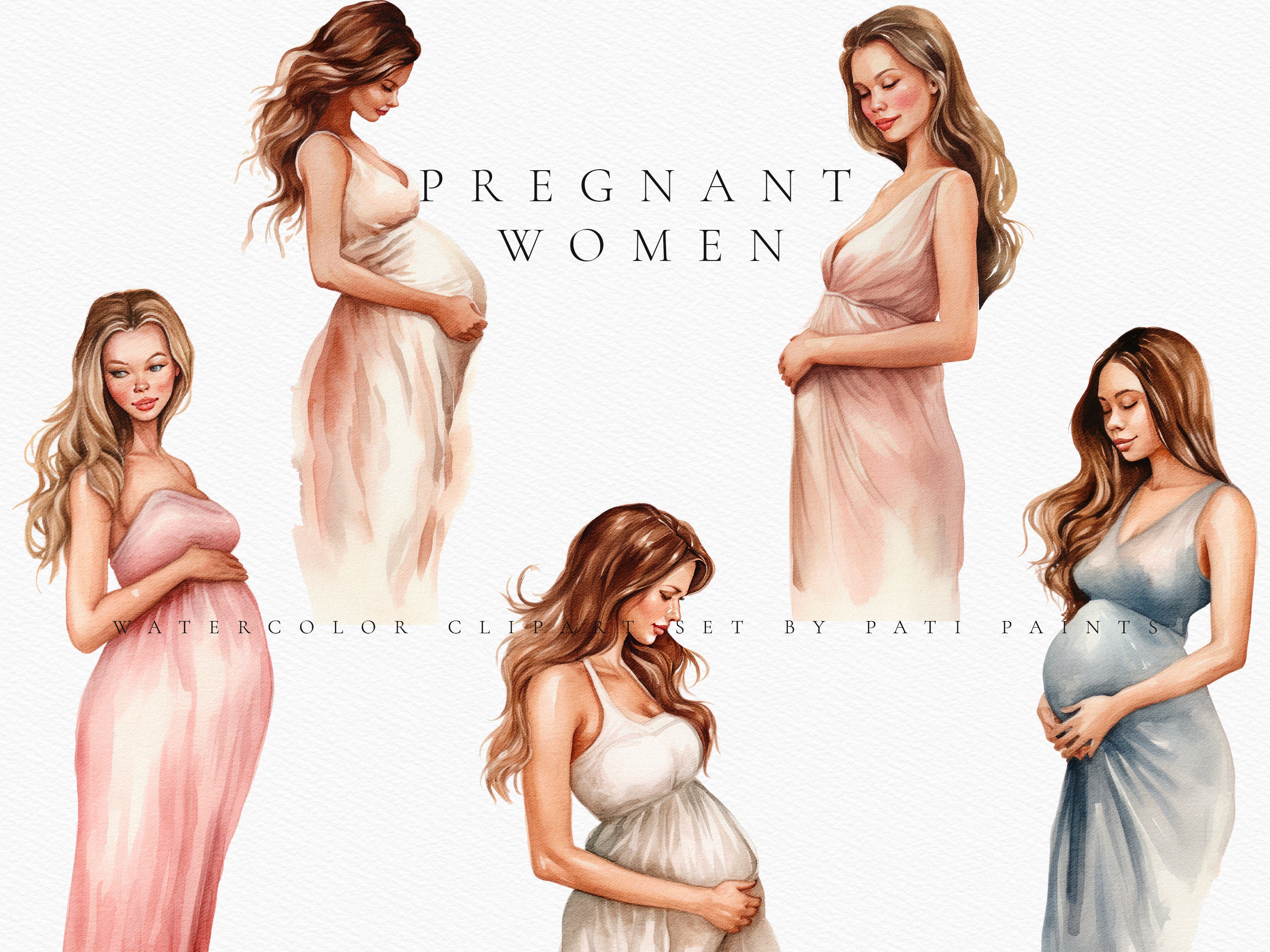 Watercolor Pregnant Women Clipart Bundle - Commercial Use - Pregnancy Clipart - Motherhood ...