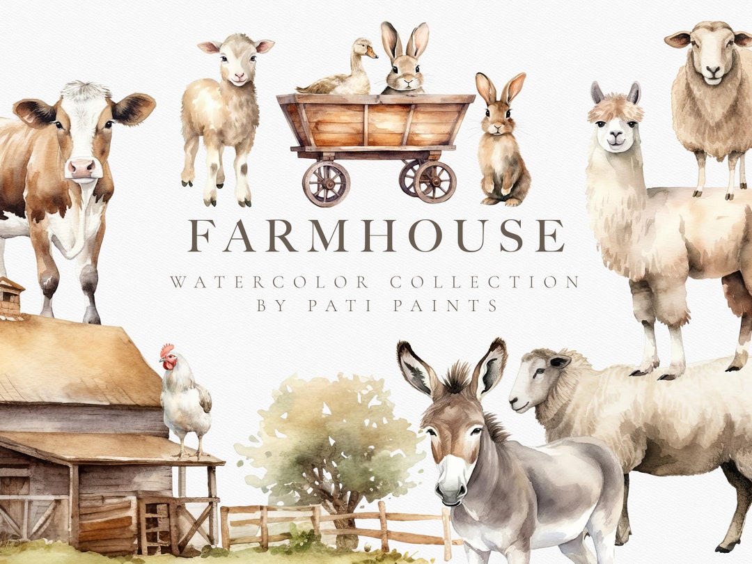 Farmhouse Watercolor Clipart - Farm Animal Clipart - Watercolor ...