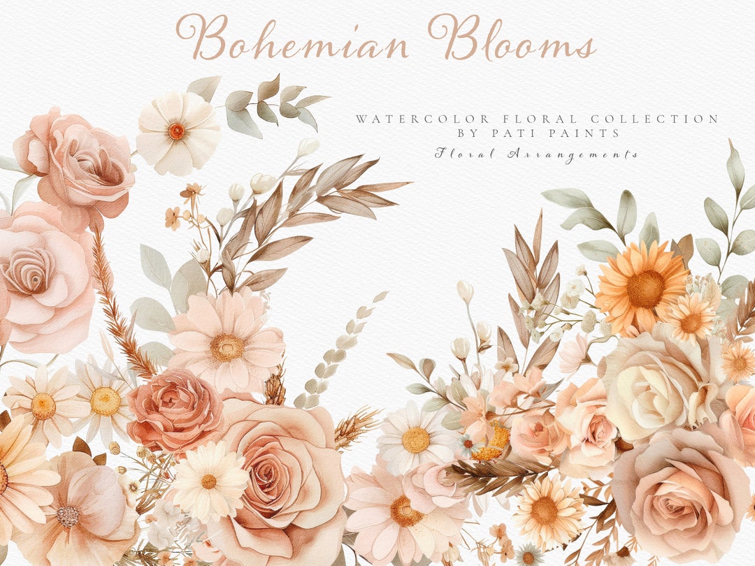 Bohemian Floral Bouquets Clipart Bundle - Watercolor Wedding Flowers ...