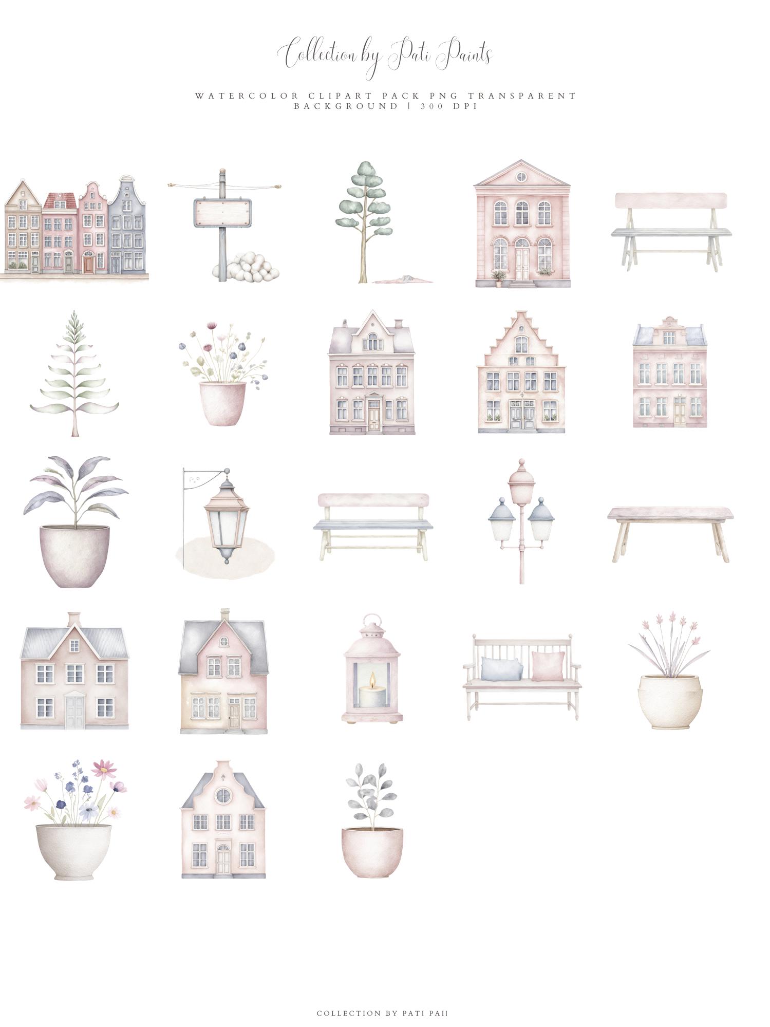 Watercolor Scandinavian Houses Clipart, Nordic Village PNG Set, Cute ...