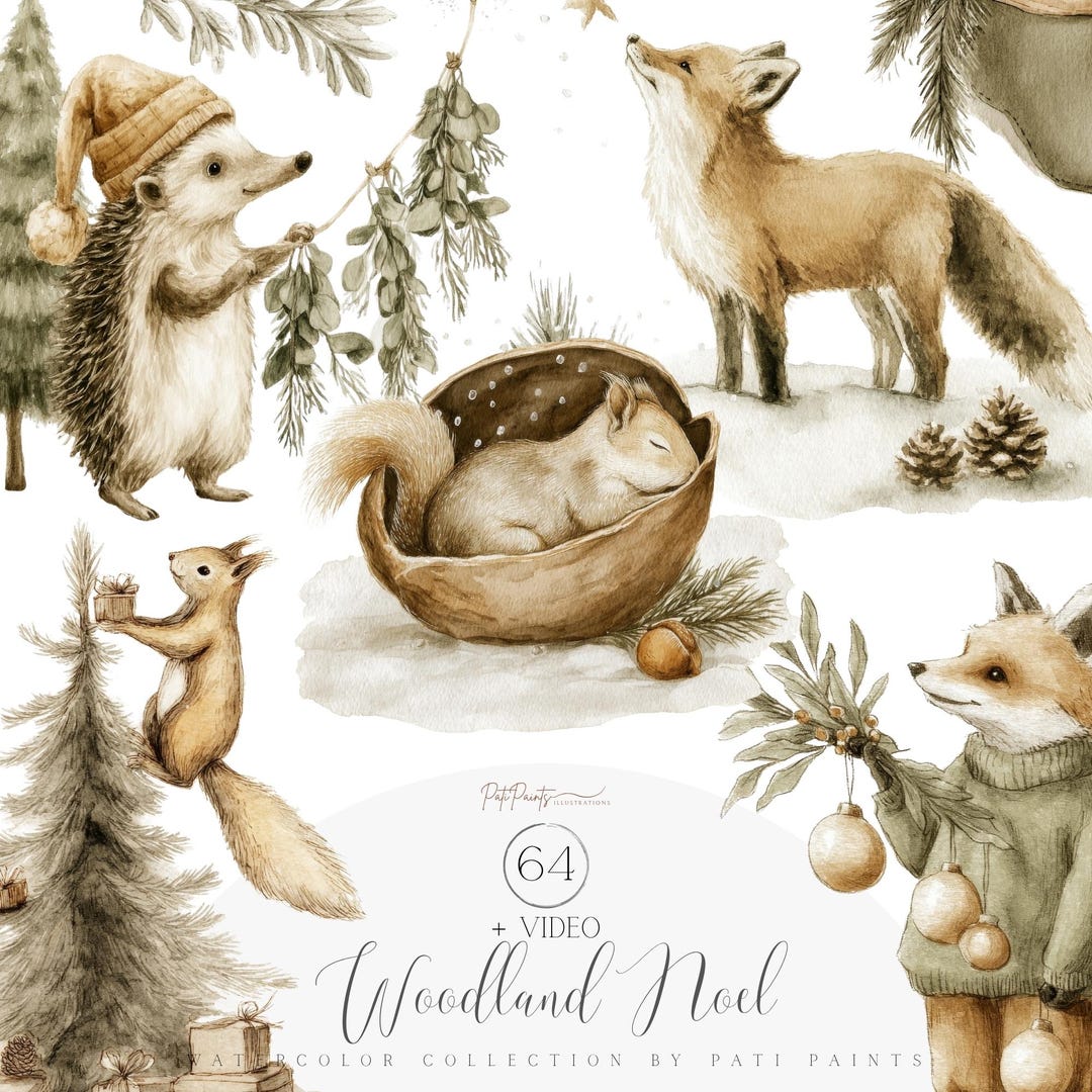 64 Woodland Christmas Clipart PNG, Watercolor Fox Squirrel Hedgehog ...