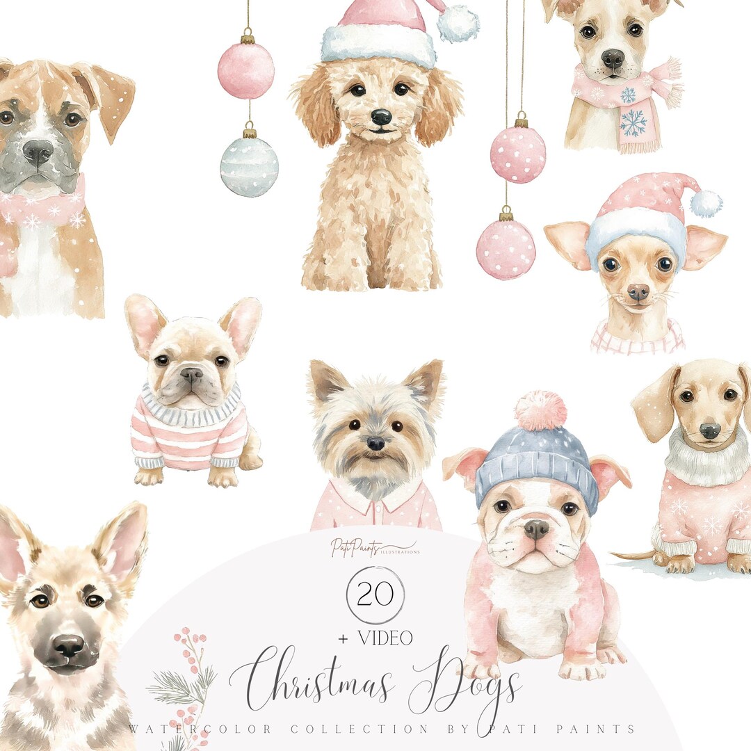Watercolor Christmas Dogs Clipart Bundle, Cute Puppy Holiday Digital ...