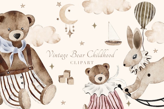 Vintage Bear Art Clipart Watercolor Bear Nursery Baby - Etsy