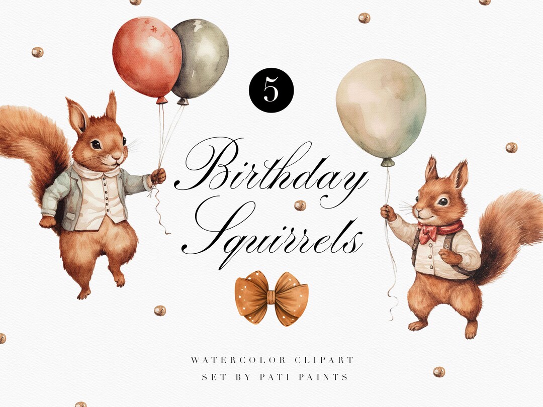 Birthday Squirrel Digital Clipart for Baby Shower Invite - Watercolor ...