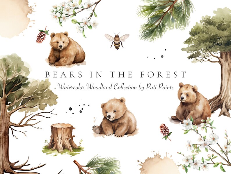 Watercolor Bear in the Forest Clipart for Baby Shower Woodland Autumn ...
