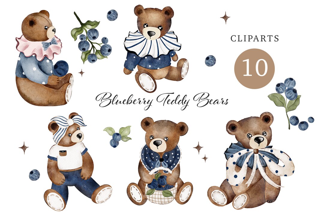 Blueberry Teddy Bears Clipart - Baby Shower Clipart - Cute Watercolor ...