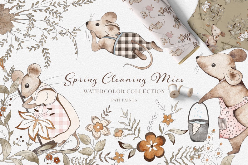 Spring Cleaning Mice Watercolor Cute Mouse Clipart - Etsy