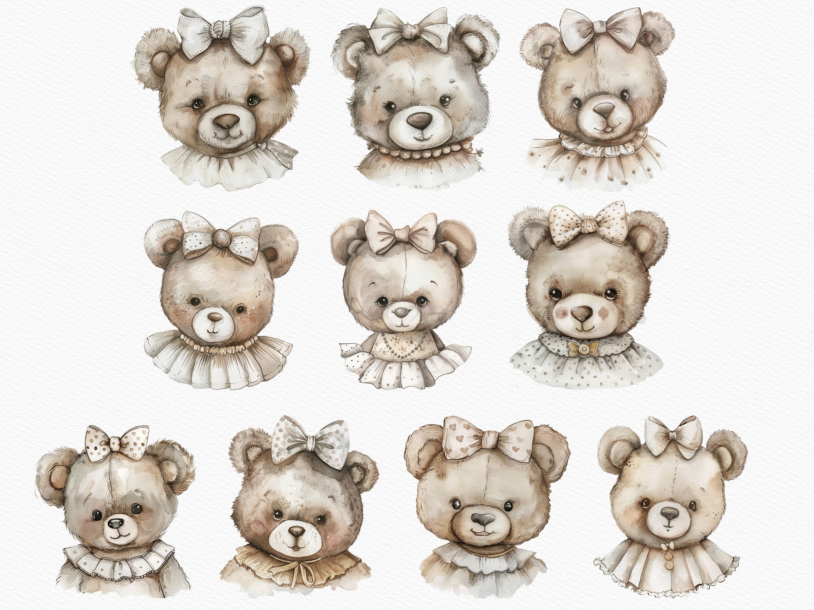 Watercolor Teddy Bear Head Clipart Bundle Nursery Wall Art Teddy Bear ...