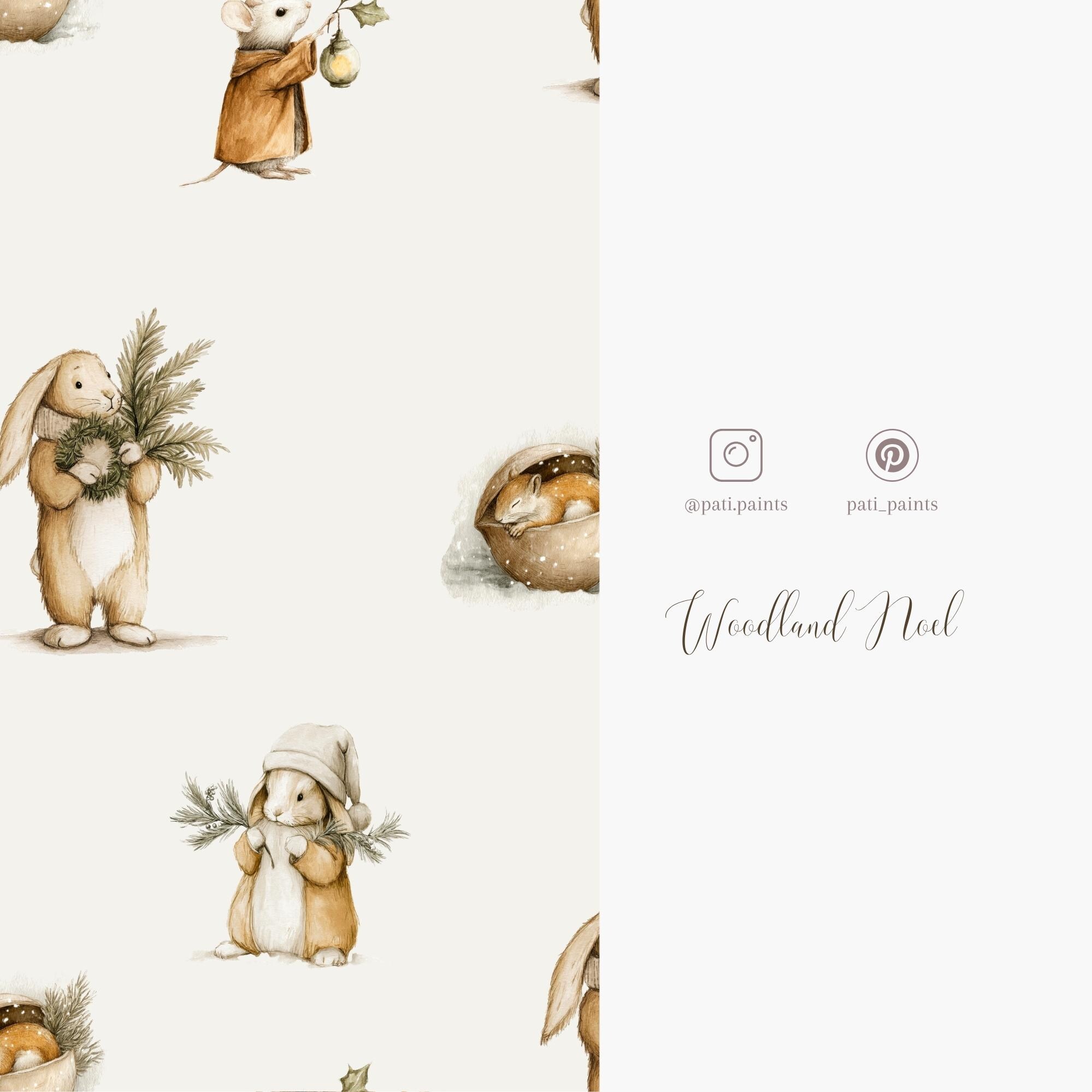 Watercolor Woodland Christmas Seamless Pattern - Cute Winter Bunny and ...