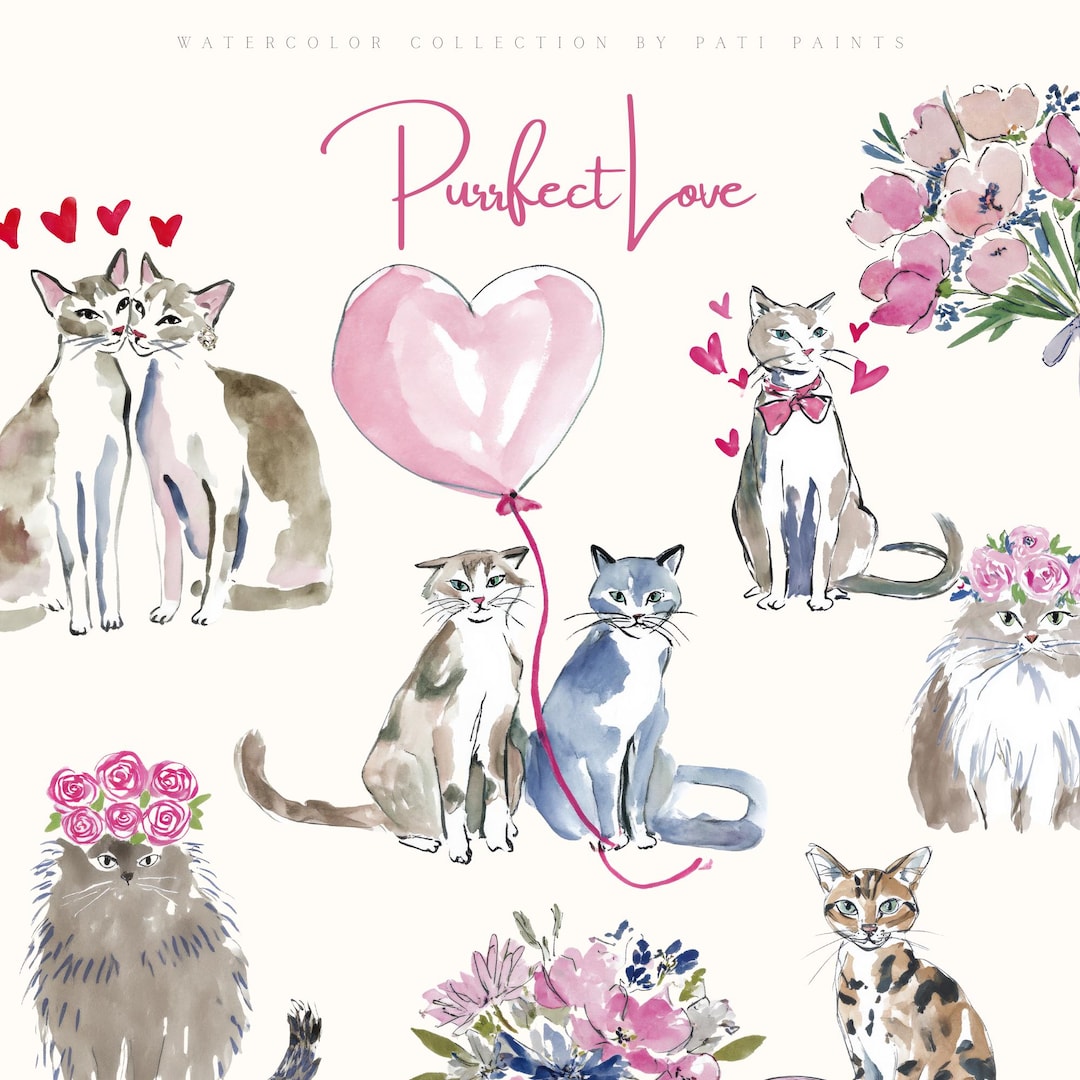 Watercolor Valentine Cat Clipart Bundle, Cute Kitty Love Digital Paper ...