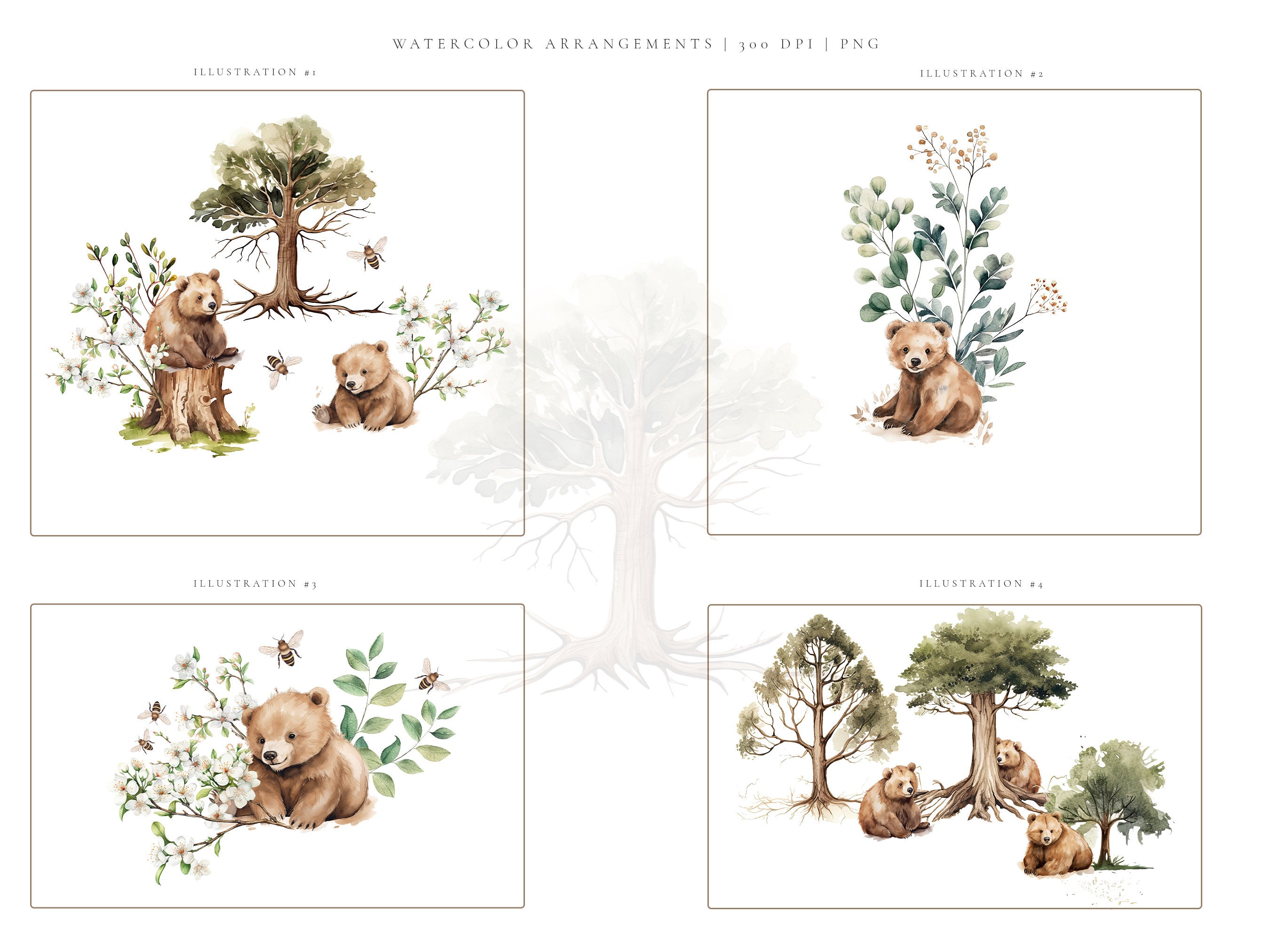 Watercolor Bear in the Forest Clipart for Baby Shower Woodland Autumn ...
