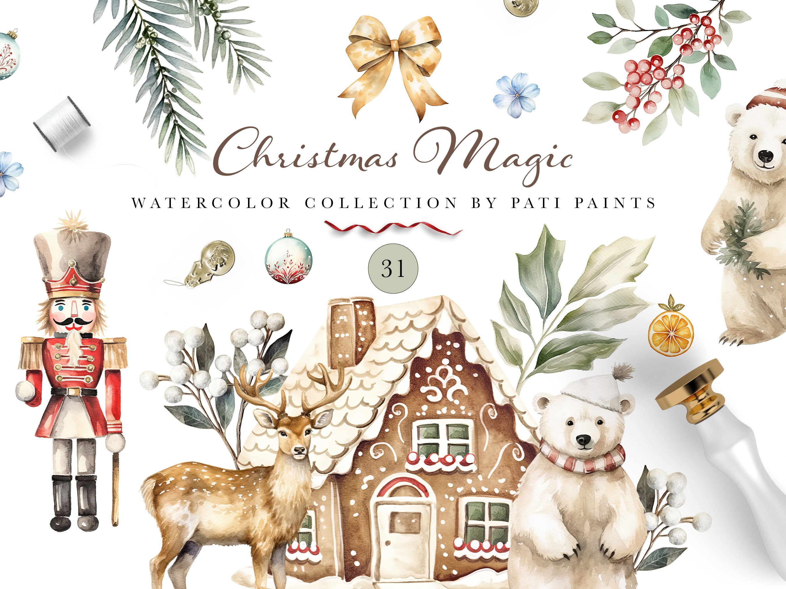 Christmas Magic Watercolor Clipart for Merry Christmas Cards Christmas ...