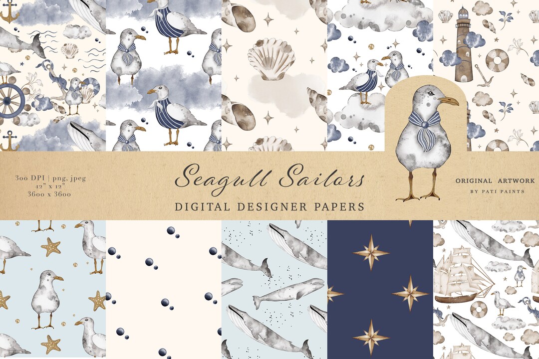 Watercolor Nautical Digital Paper Set - Seamless Pattern for Baby ...