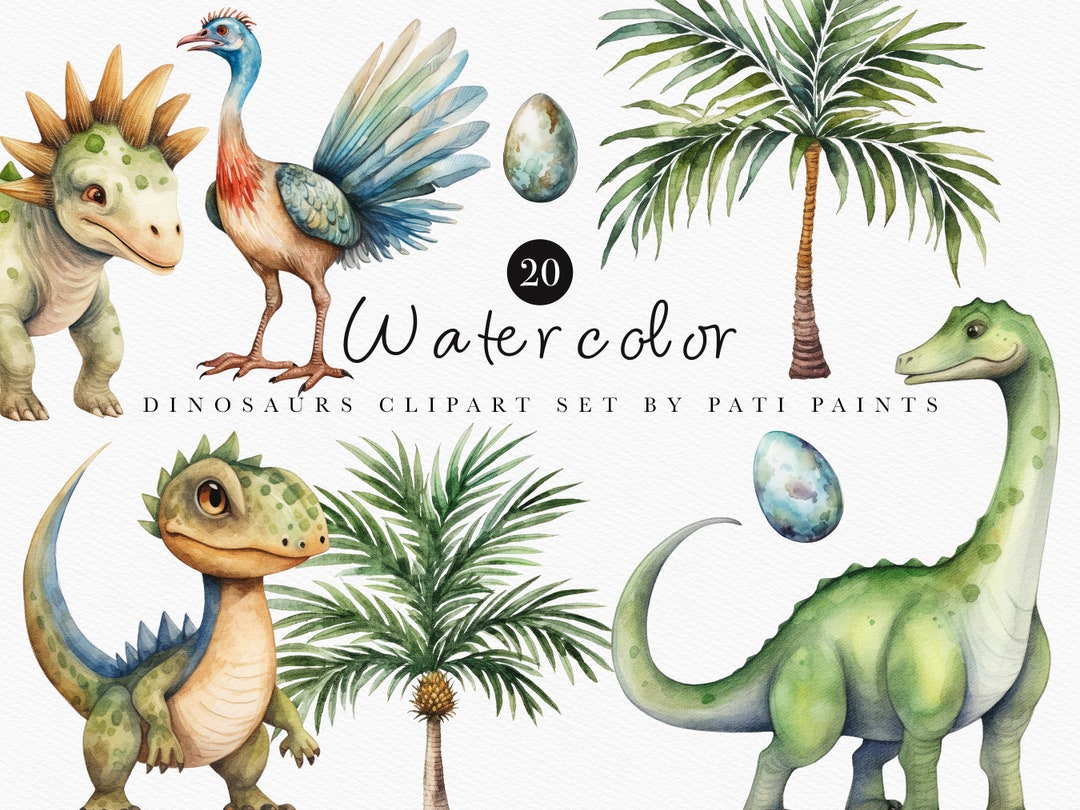 Watercolor Dinosaur Clipart Bundle - Cute Dinosaur Wall Art - Dinosaur ...