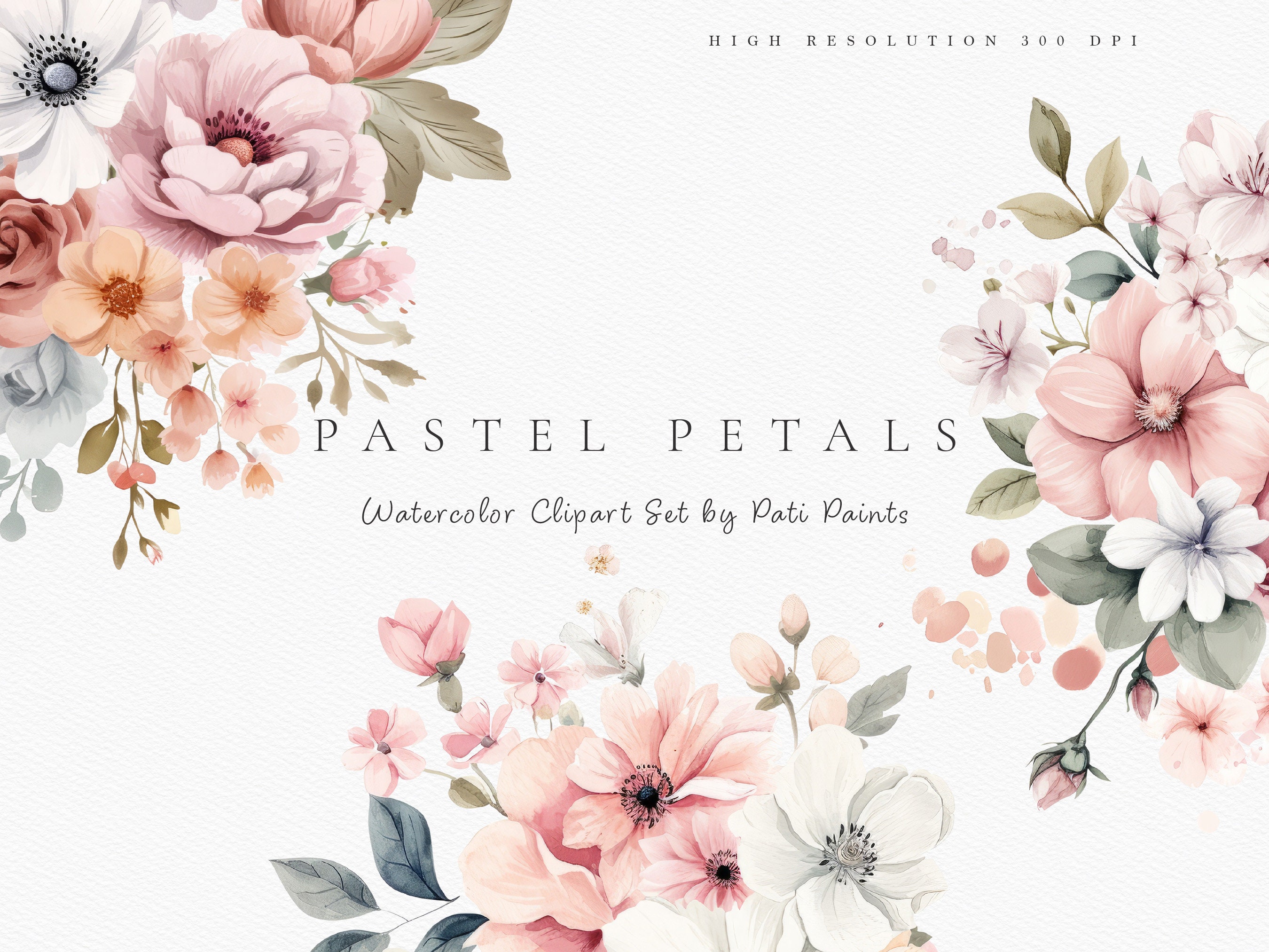 Watercolor Flower Clipart Bundle Pastel Petals Clipart Wedding Clipart ...