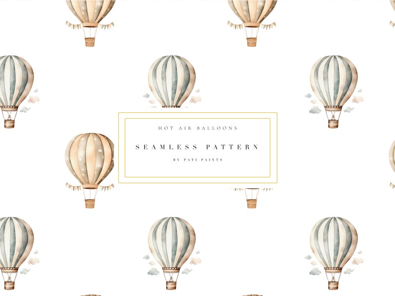 Hot Air Balloon Digital Paper Watercolor Seamless Pattern Scrapbooking ...