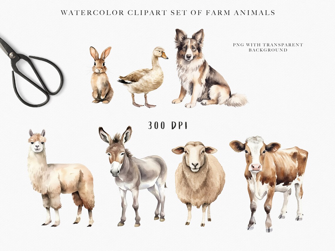 Farm Animal Clipart Set Watercolor Farm Cow Horse Duck Sheep Watercolor ...
