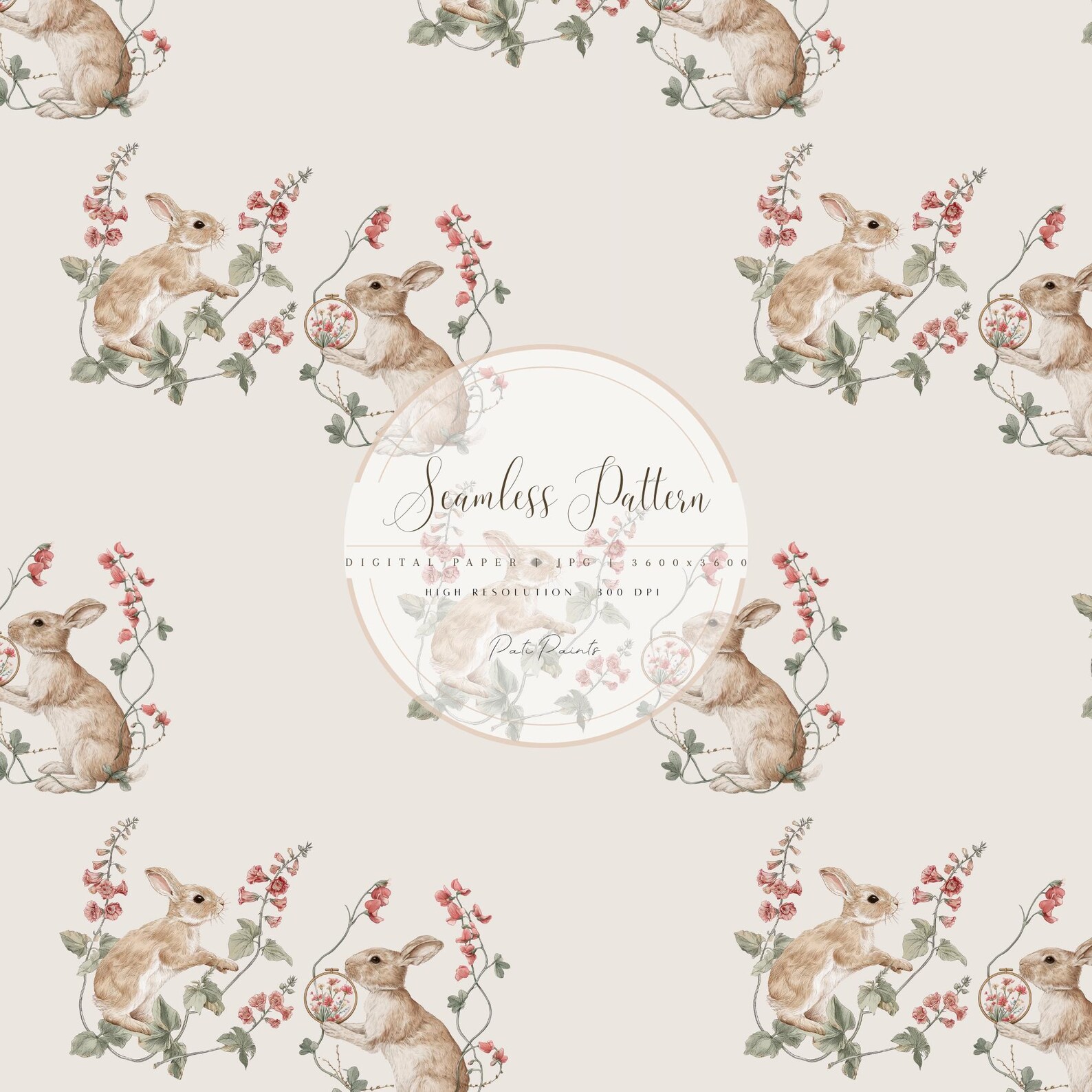 Watercolor Cute Floral Bunny Pattern, Cottagecore Rabbit Seamless Paper ...