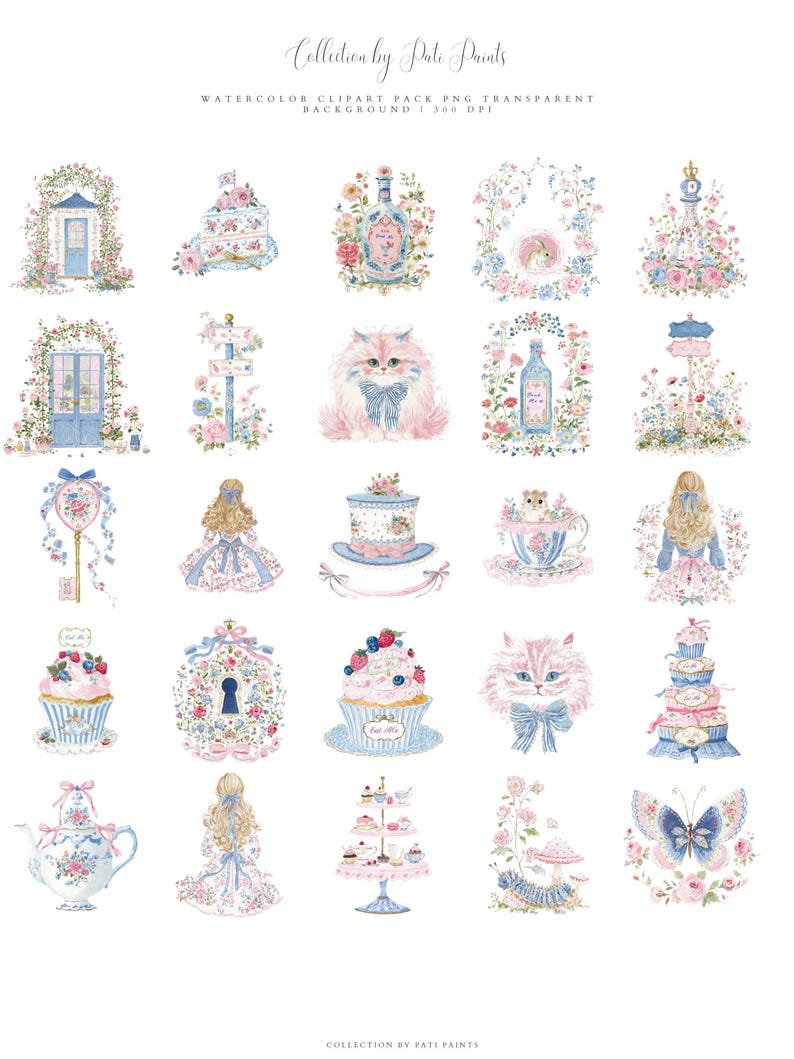 Watercolor Alice in Wonderland Clipart Set PNG Transparent Background ...