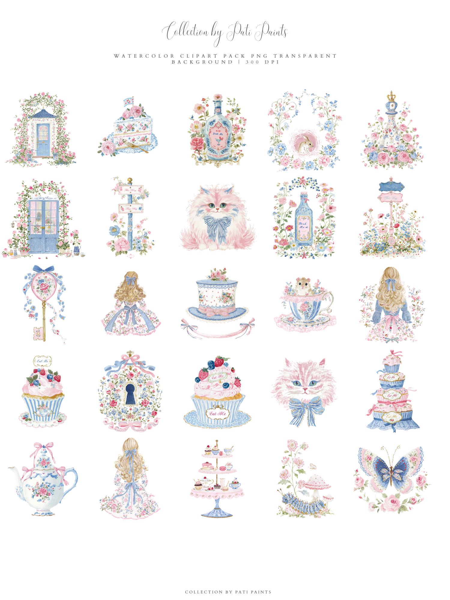 Watercolor Alice in Wonderland Clipart Set PNG Transparent Background ...