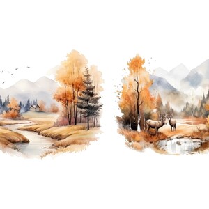 Watercolor Autumn Scenery -fall Graphics - Watercolor Deer Forest ...