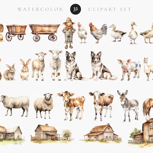 Farmhouse Watercolor Clipart - Farm Animal Clipart - Watercolor ...