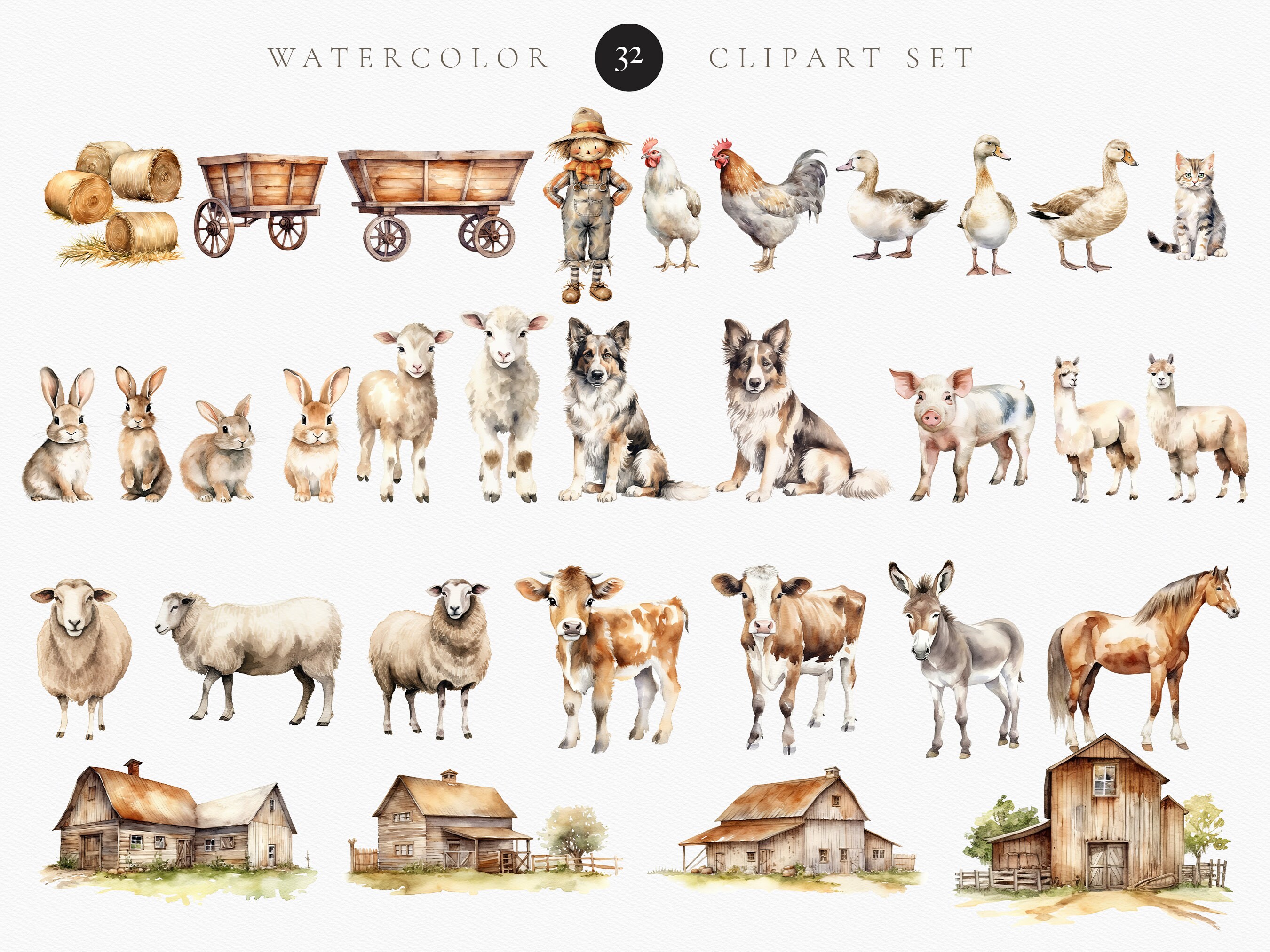Farmhouse Watercolor Clipart - Farm Animal Clipart - Watercolor ...