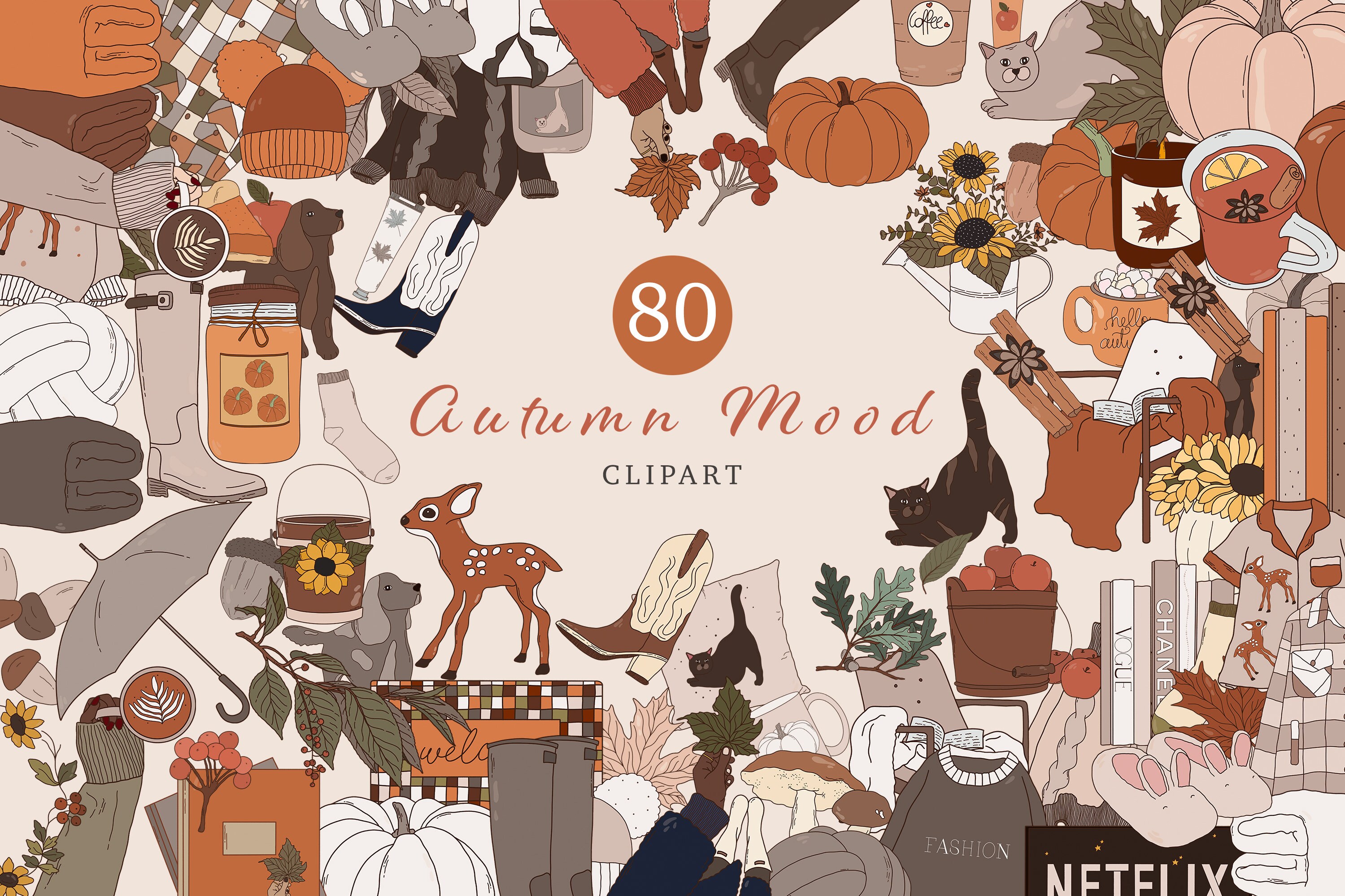 Autumn Clipart Set PNG Pumpkin Clipart Hand-drawn Autumn - Etsy