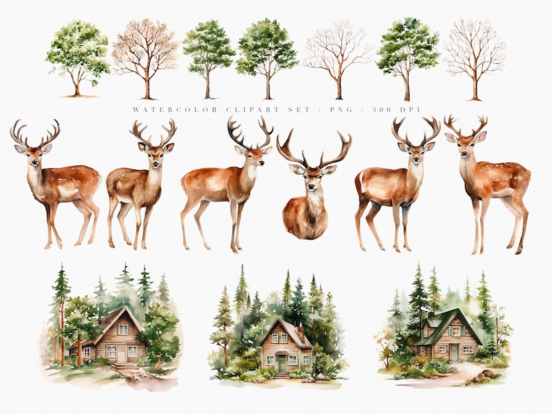 Watercolor Forest Wild Clipart Set Deer Clipart Greenery - Etsy