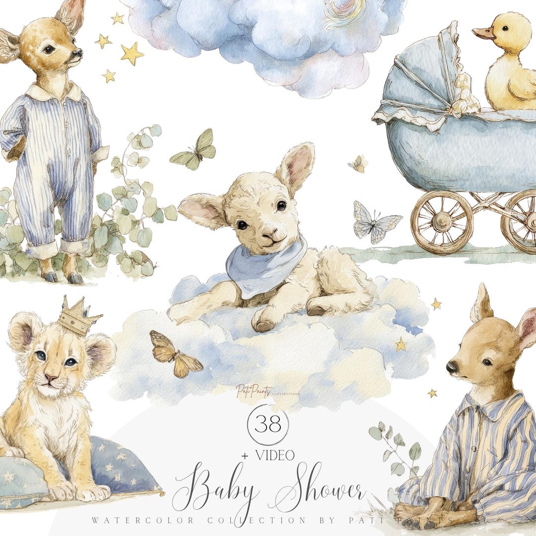 Watercolor Baby Shower Animals Clipart, Cute Baby Animal PNG, Neutral ...