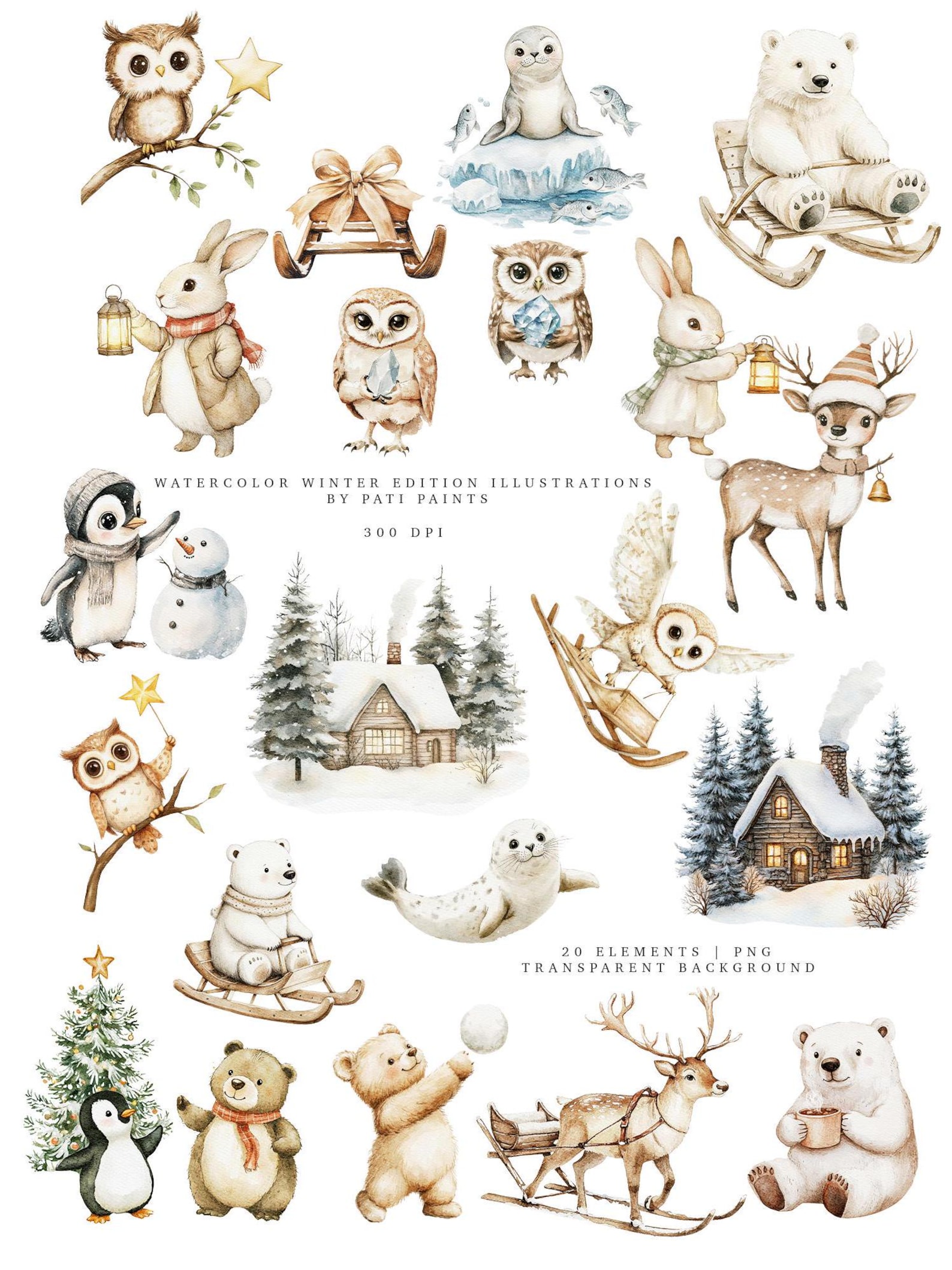 Winter Friends Clipart Set - Digital Background - Watercolor Seamless ...