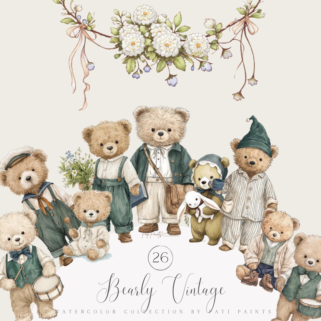 Vintage Teddy Bear Clipart Set, Watercolor Cute Bears PNG, Retro ...