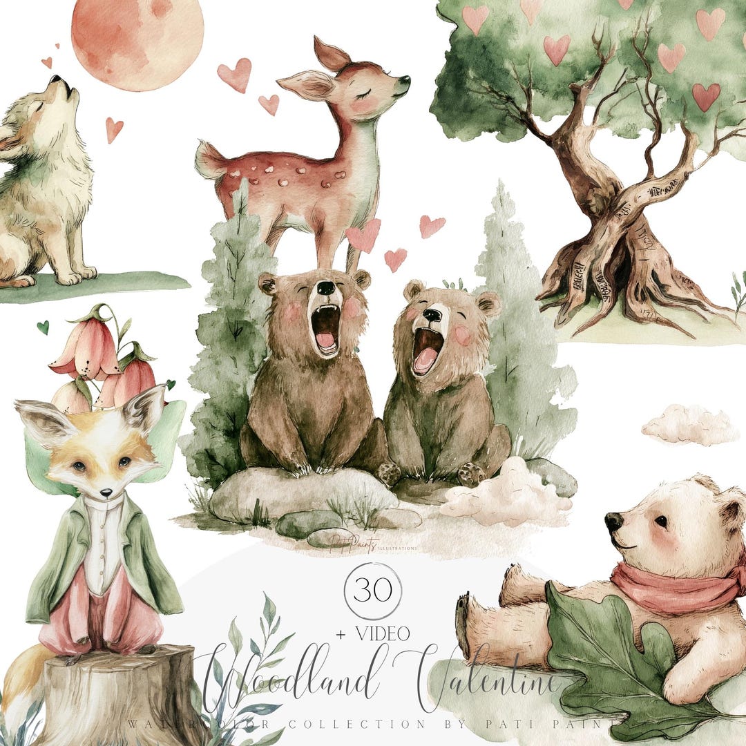 Woodland Valentine Animals Clipart Set - Cute Forest Love PNG ...