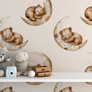 Sleepy Bear on the Moon Digital Paper - Nursery Pattern - Watercolor ...