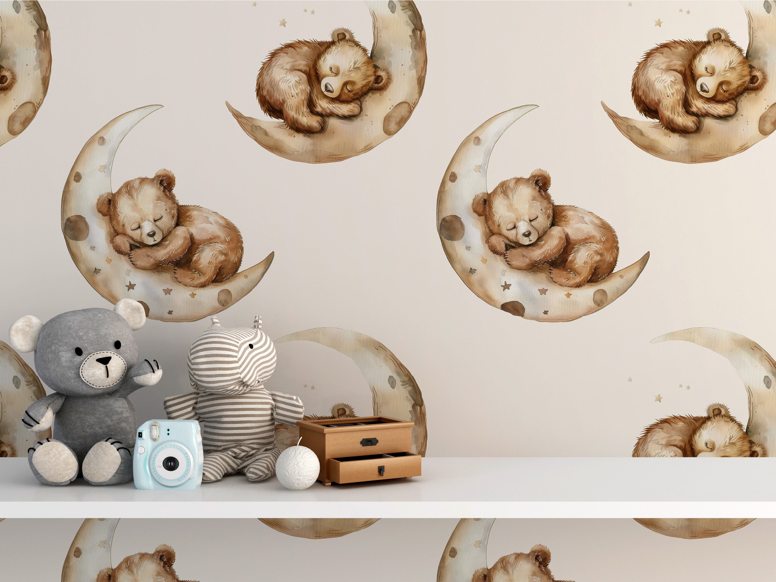 Sleepy Bear on the Moon Digital Paper Nursery Pattern Watercolor Bears ...
