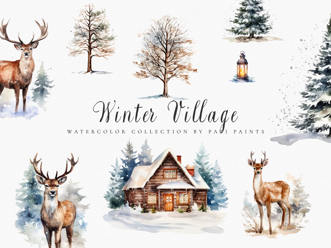 Winter Village Woodland Digital Clipart - Watercolor Forest Animals ...
