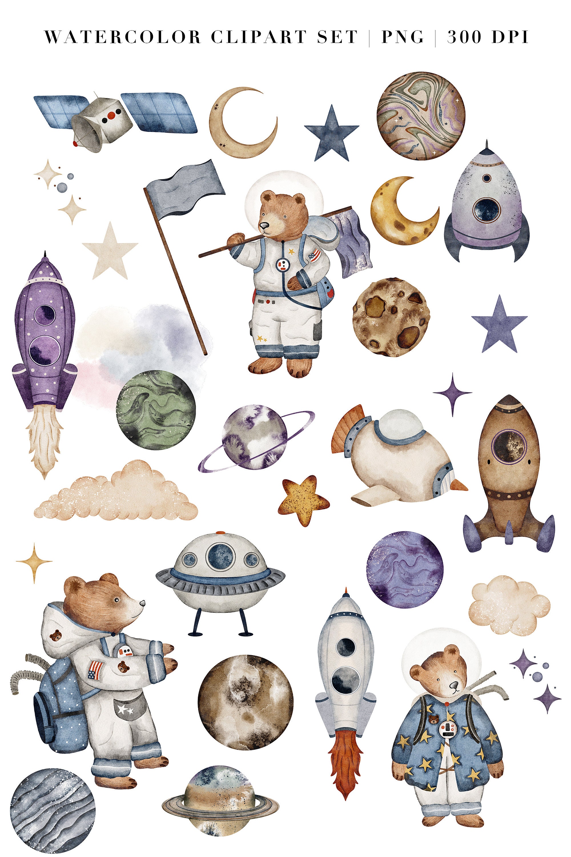 Watercolor Astronaut Cute Bear Digital Clipart for Commercial Use ...