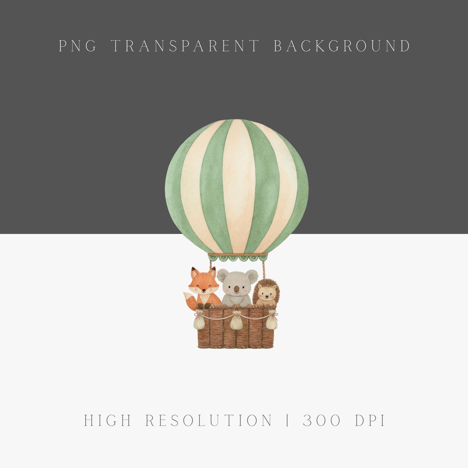 Watercolor Cute Hot Air Balloon Animals Clipart Bundle, PNG Elements ...
