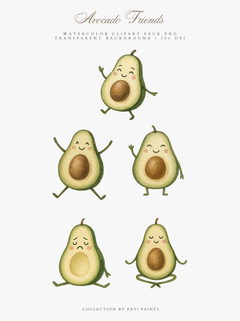 Cute Avocado Clipart Bundle, Kawaii Avocado PNG With Emotions and Poses ...