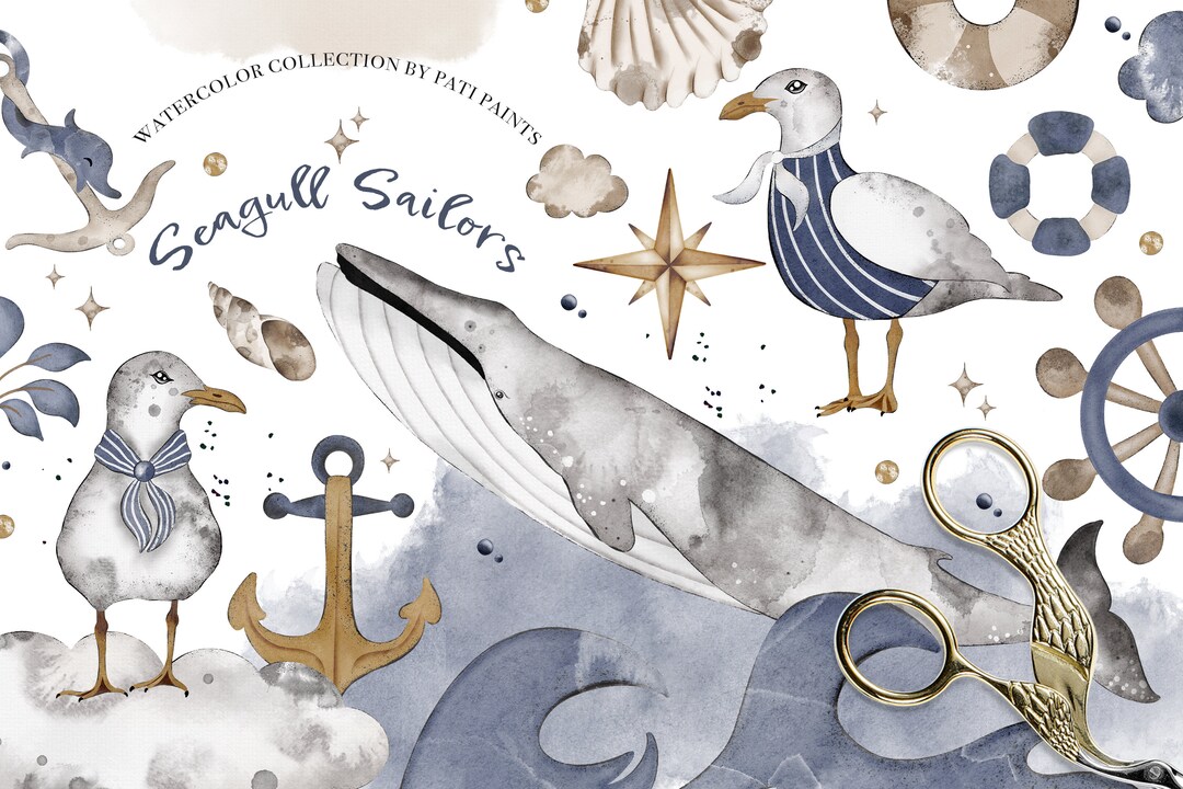 Nautical Watercolor Clipart - Seagull Sailors Nursery Art - Lighthouse ...