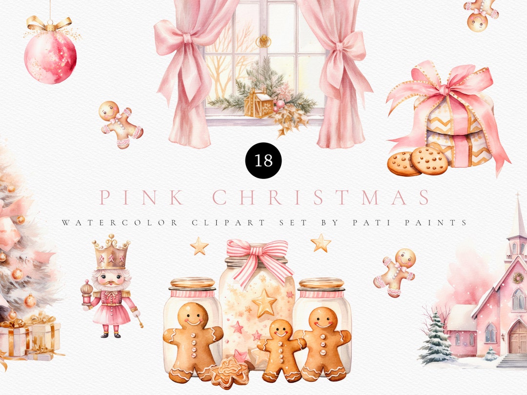 Pink Christmas Clipart Bundle - Watercolor Christmas Clipart - Winter ...