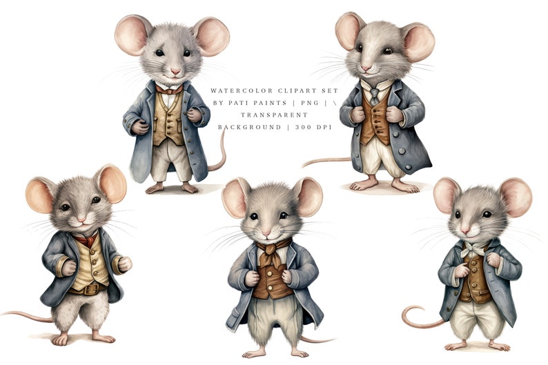 Watercolor Elegant Mouse Clipart Bundle Mouse in Clothes Clipart ...