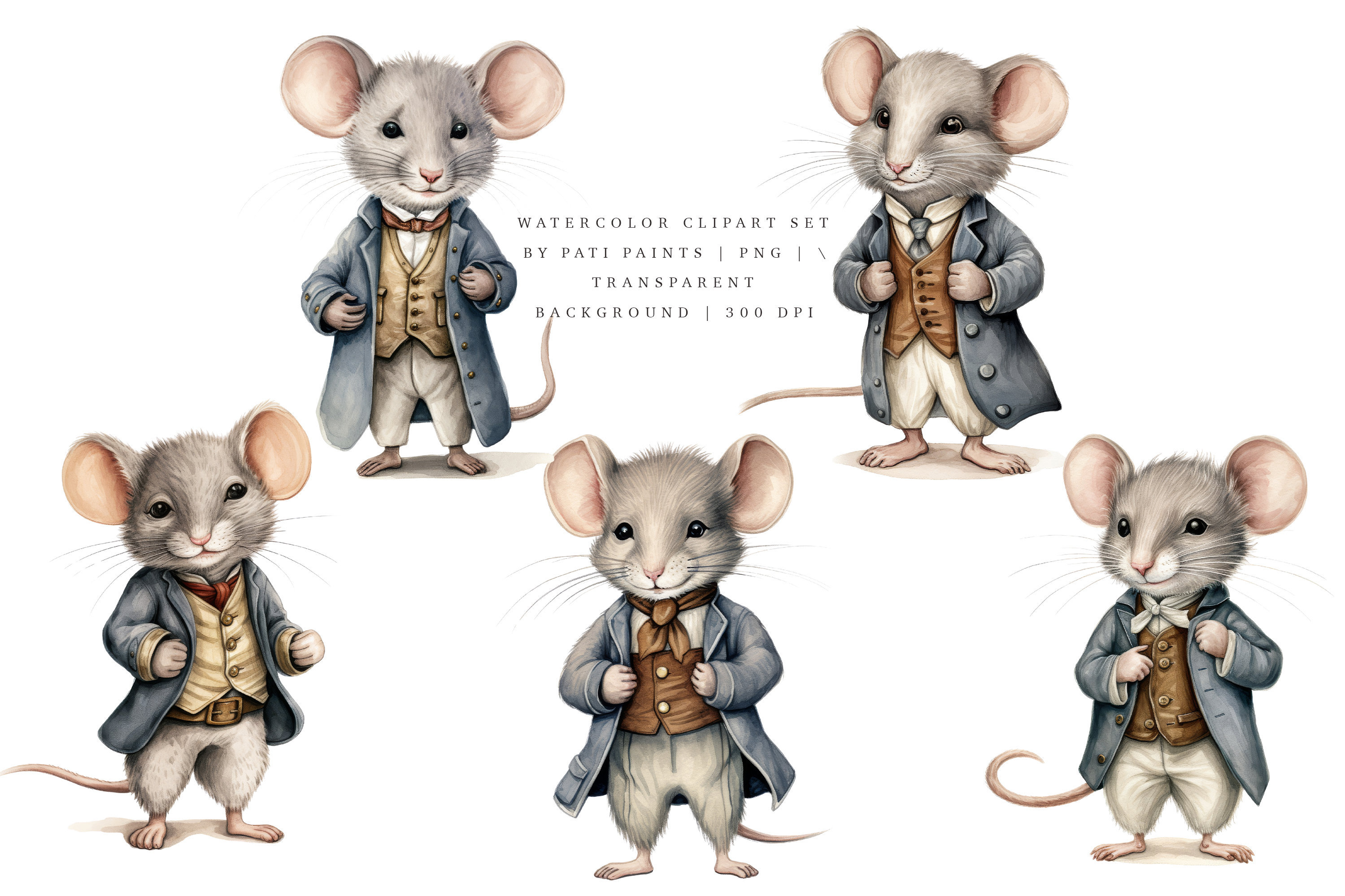 Watercolor Elegant Mouse Clipart Bundle Mouse in Clothes Clipart ...
