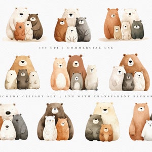 Family Bear Clipart Bundle - Watercolor Nursery Bear Clipart - Card ...