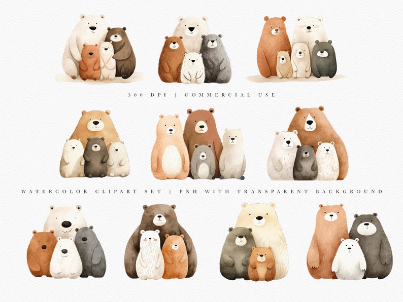 Family Bear Clipart Bundle - Watercolor Nursery Bear Clipart - Card ...
